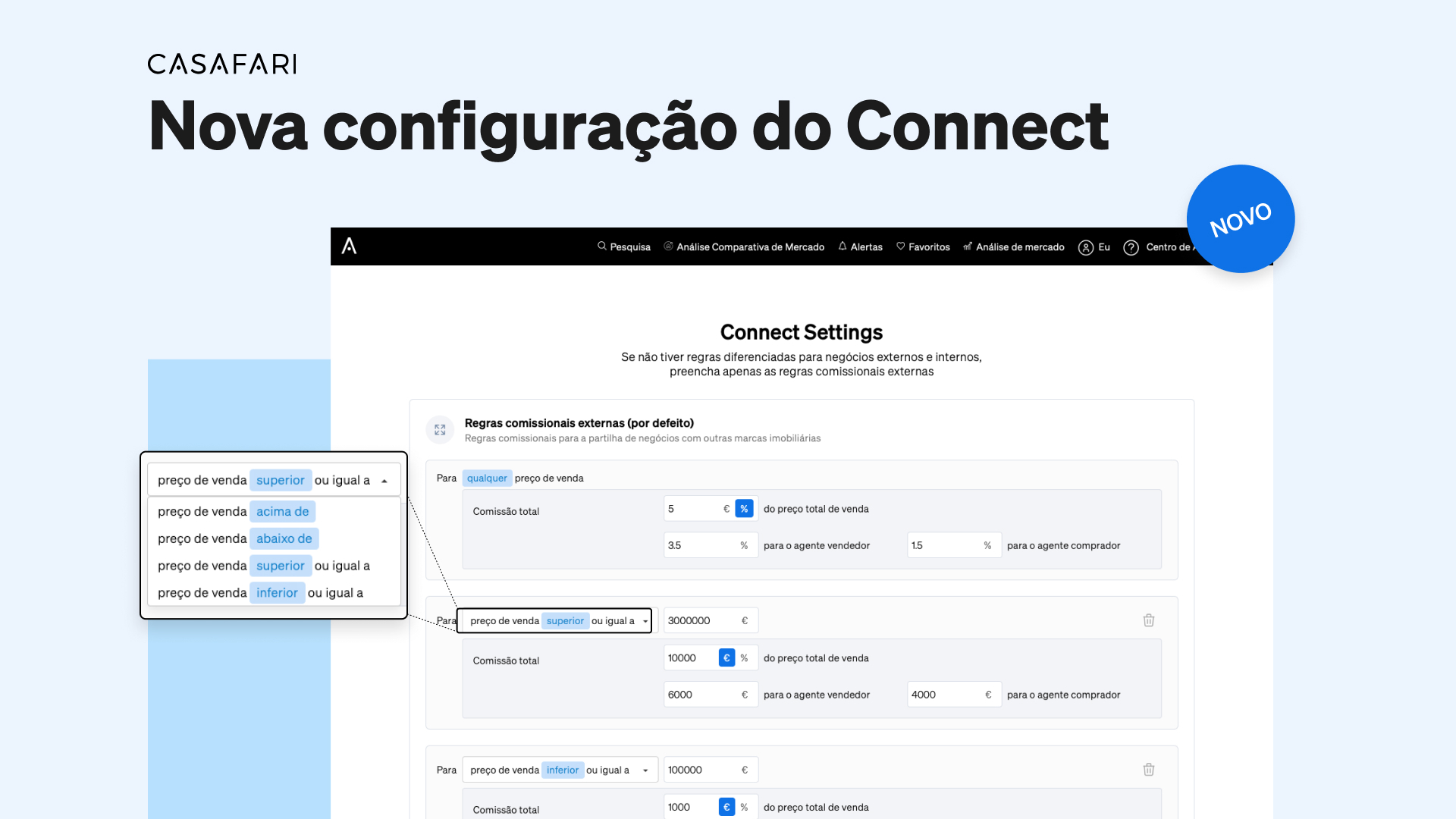 Editor de regras na comissão do agente imobiliário no CASAFARI Connect
